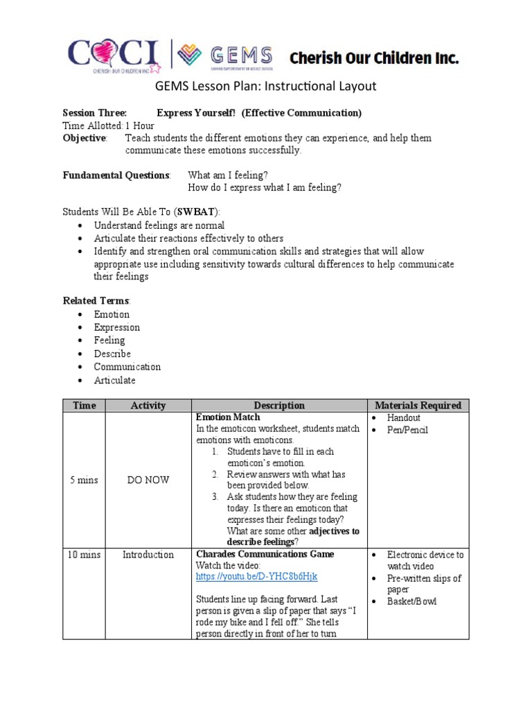 GEMS Lesson Plan: Instructional Layout: Session Three: Express Yourself ...