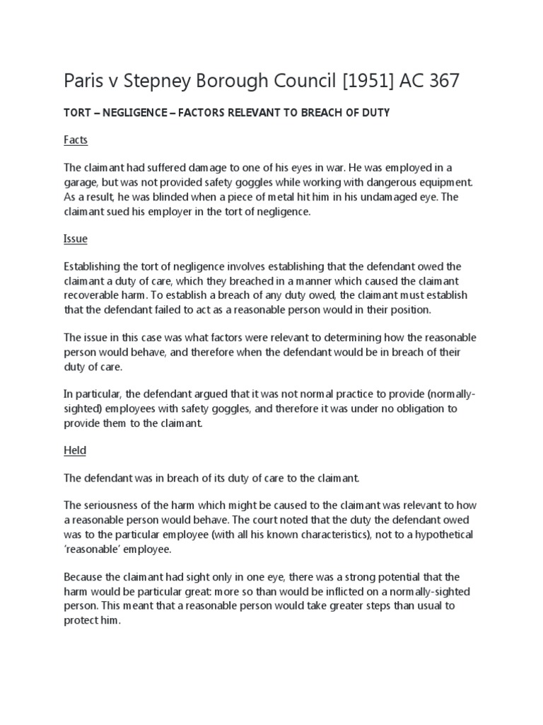 Tort - 17-01-2020 Paris V Stepney Borough Council | PDF | Negligence ...