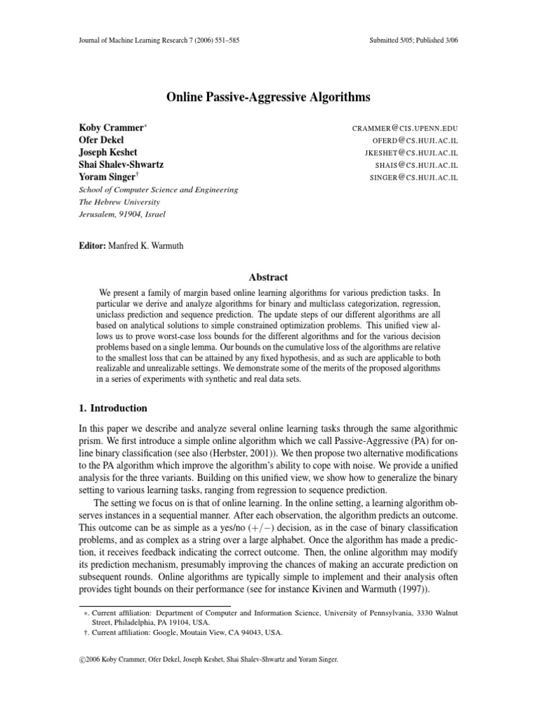 Online Passive-Aggressive Algorithms | PDF | Statistical Classification ...