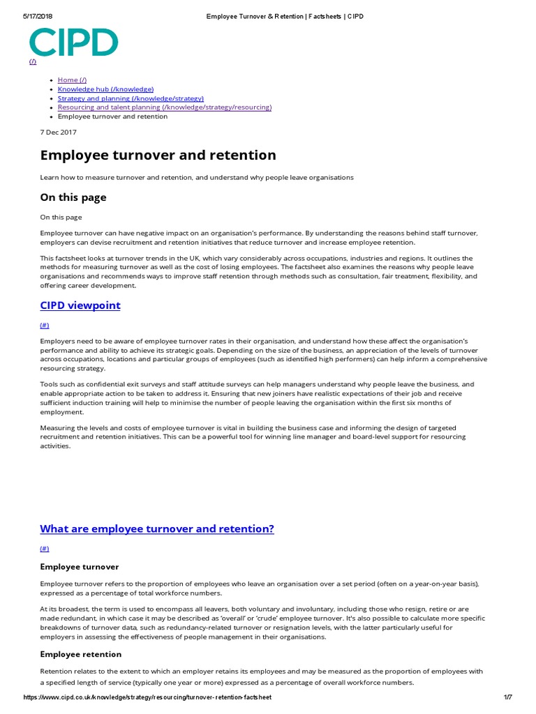 Employee Turnover & Retention - Factsheets - CIPD PDF | PDF | Employee Retention | Turnover ...