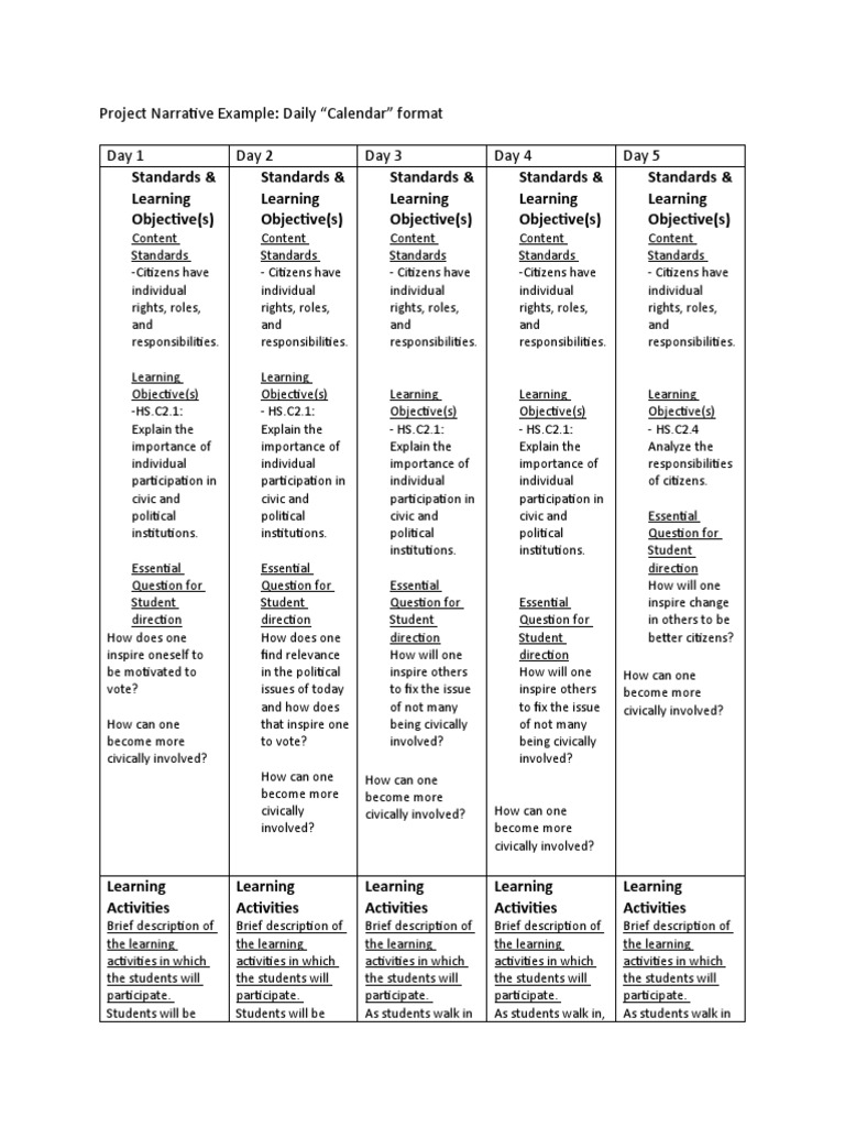 Project Narrative Example: Daily "Calendar" Format Day 1 Day 2 Day 3 ...