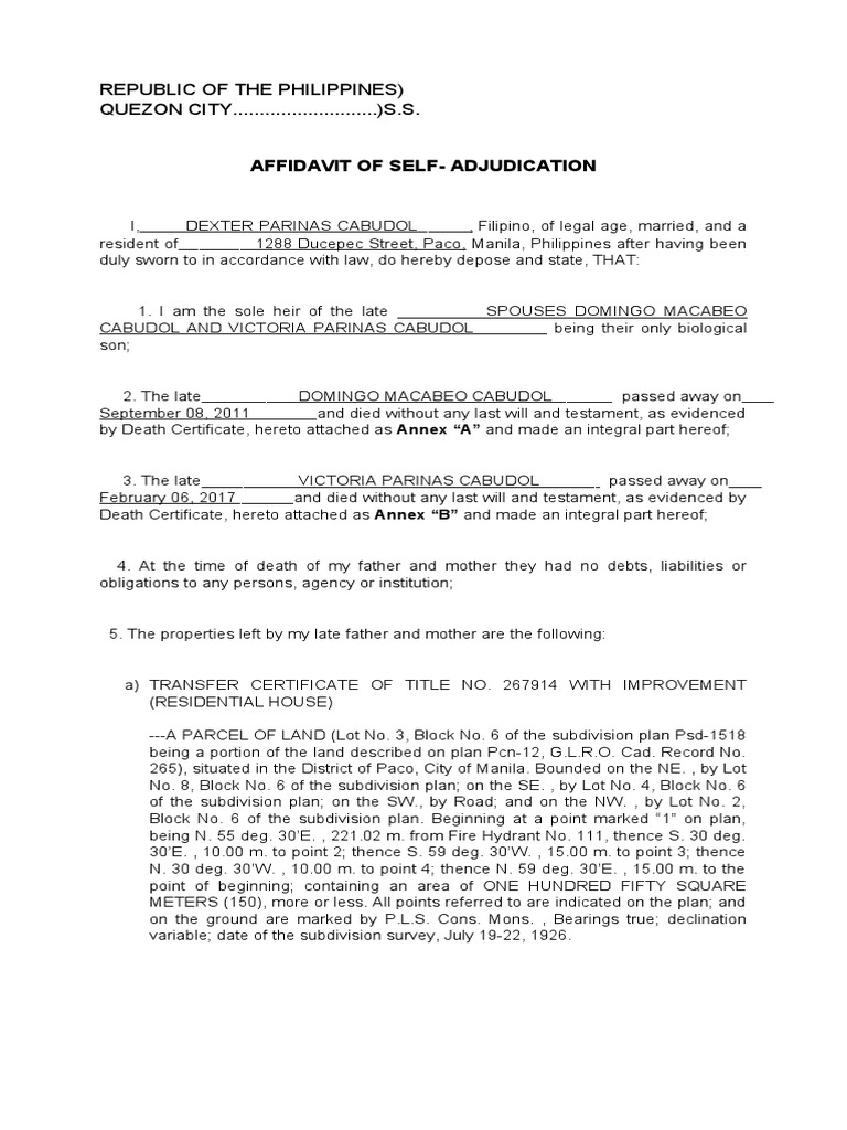 Affidavit of Self Adjudication Cabudol | PDF | Social Institutions ...