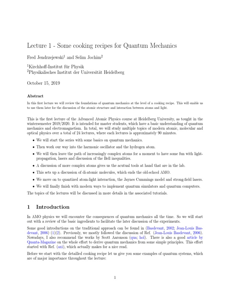 Lecture 1 - Some Cooking Recipes For Quantum Mechanics | PDF ...