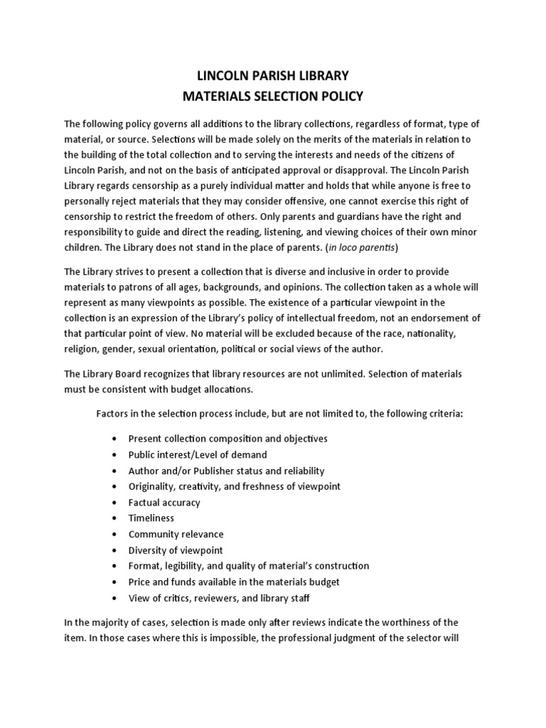 Lincoln Parish Library Selection Policy | PDF | Self Publishing ...