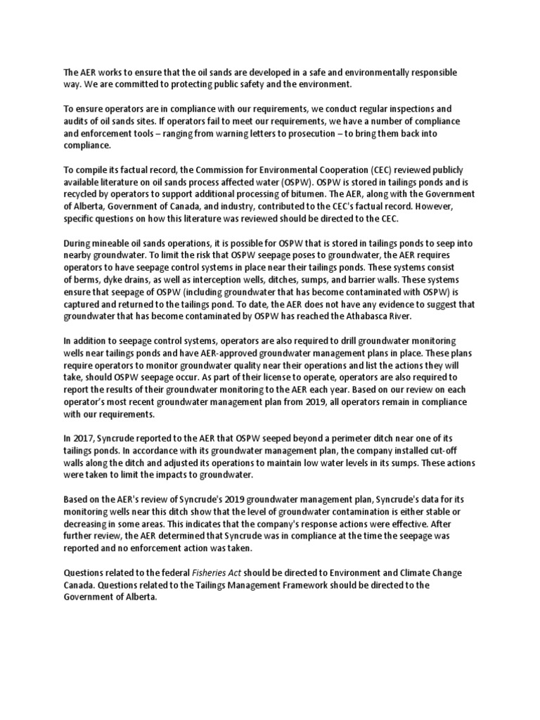 AER Response CEC Report | PDF | Environmental Issues | Environment