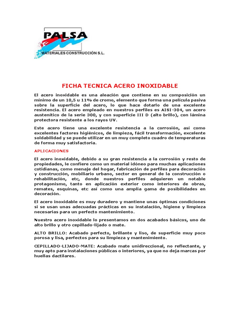 Ficha Tecnica Acero Inoxidable | PDF | Acero inoxidable | Acero