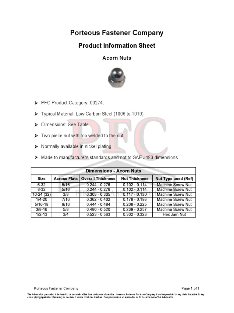 Acorn Nut Spec Sheet | PDF | Home & Garden | Technology & Engineering