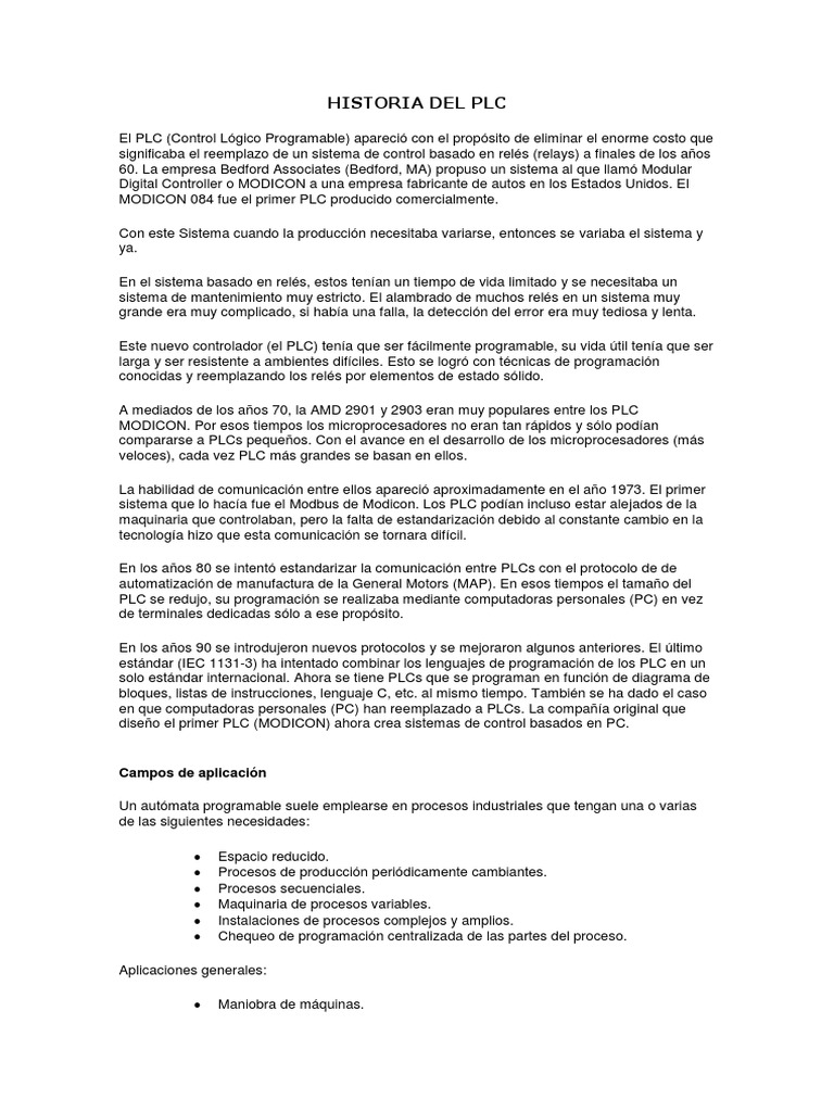 Historia Del PLC | PDF | Controlador lógico programable | Equipo de oficina