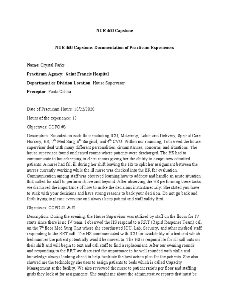 Nur 460 Capstone Practicum Experience 1 | PDF | Patient | Intensive Care Unit