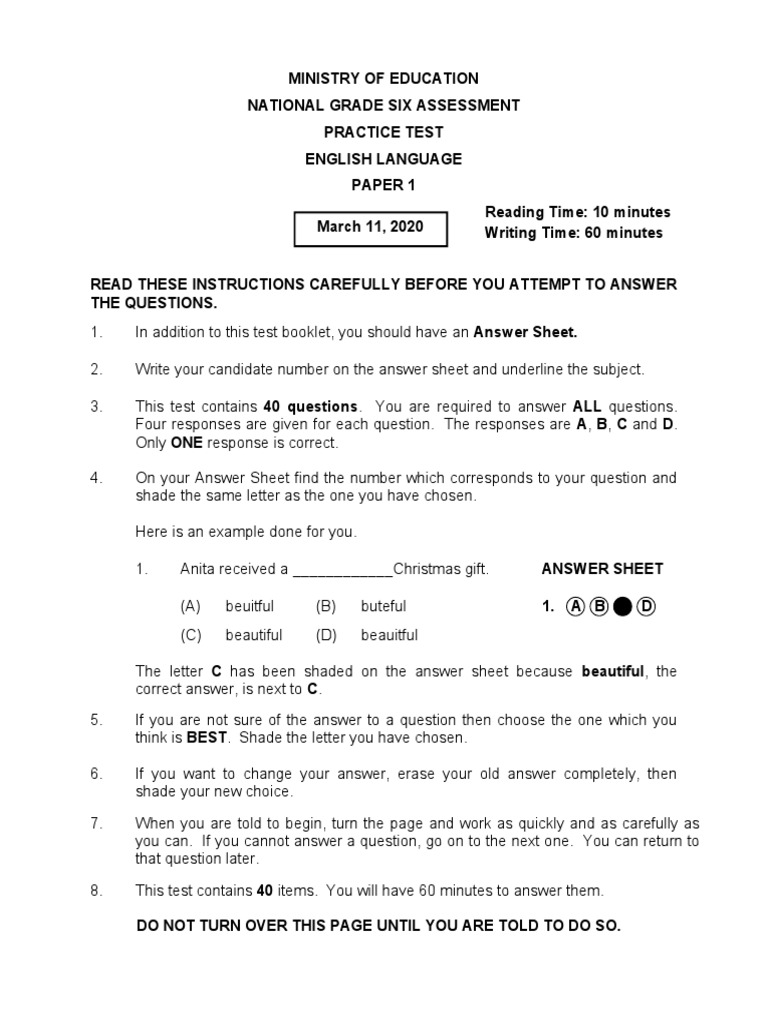 National Grade 6 Assessment Practice Test 2020 English Language P1 and ...