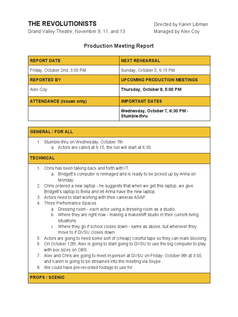 Production Meeting Report for The Revolutionists | PDF | Entertainment