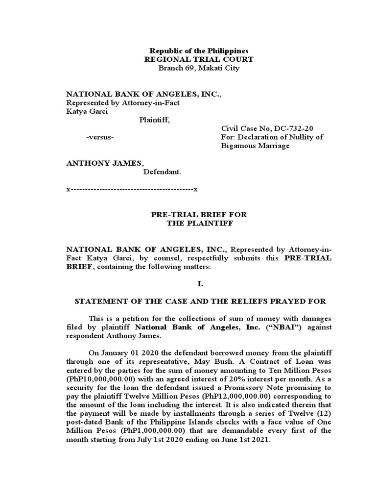 Plaintiff's Pre-Trial Brief Overview | PDF | Marriage | Loans