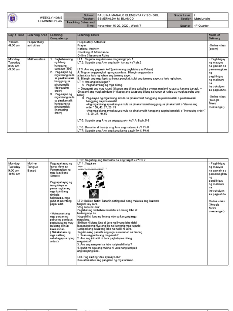 WEEKLY HOME PLAN Grade 1 1st Quarter Week 7 | PDF