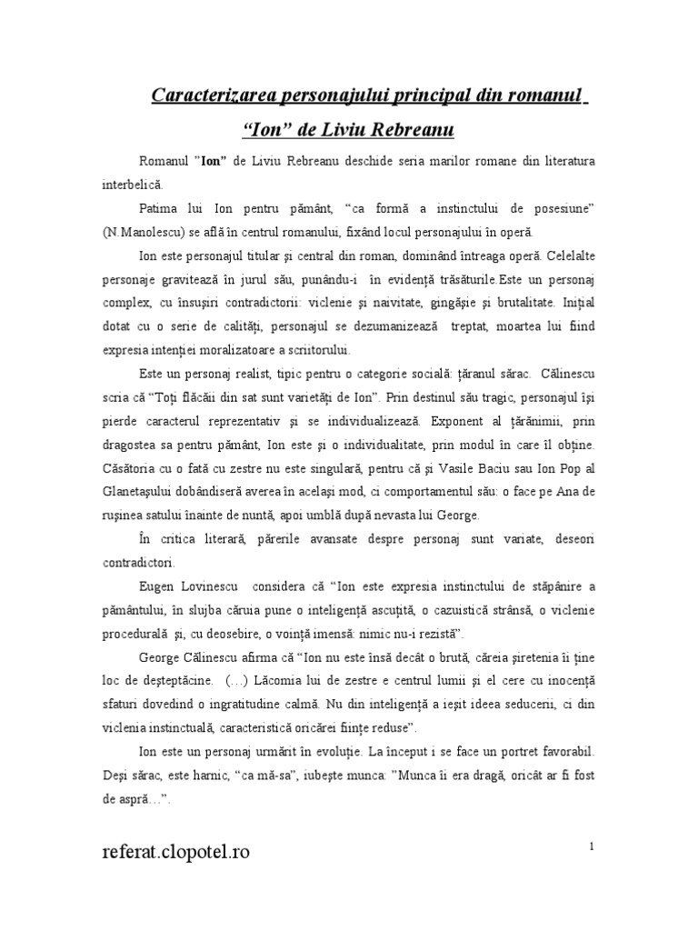 Caracterizarea Personajului Principal Din Romanul Ion de Liviu Rebreanu | PDF