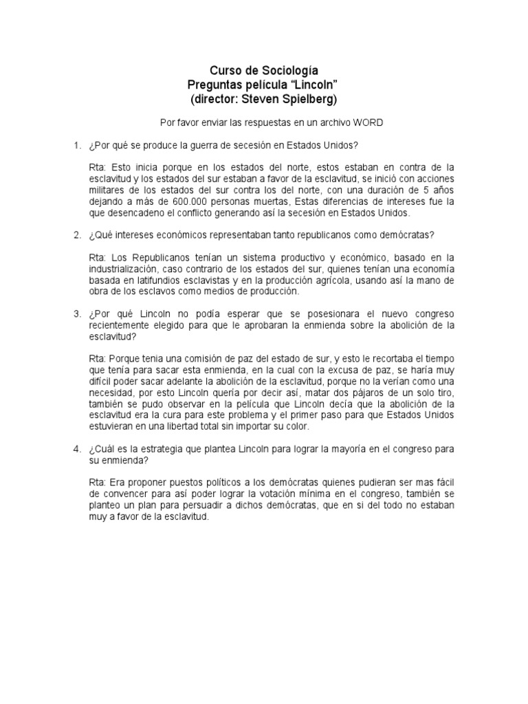 Solucion Preguntas de La Pelicula Lincoln. | PDF