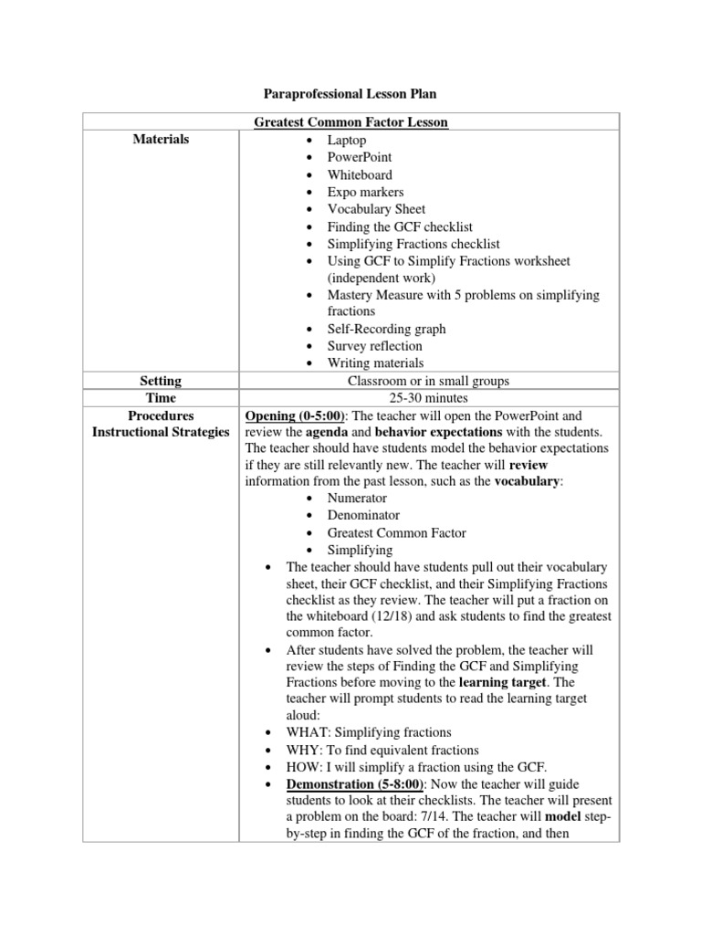 Paraprofessional Lesson Plan | PDF | Fraction (Mathematics) | Worksheet