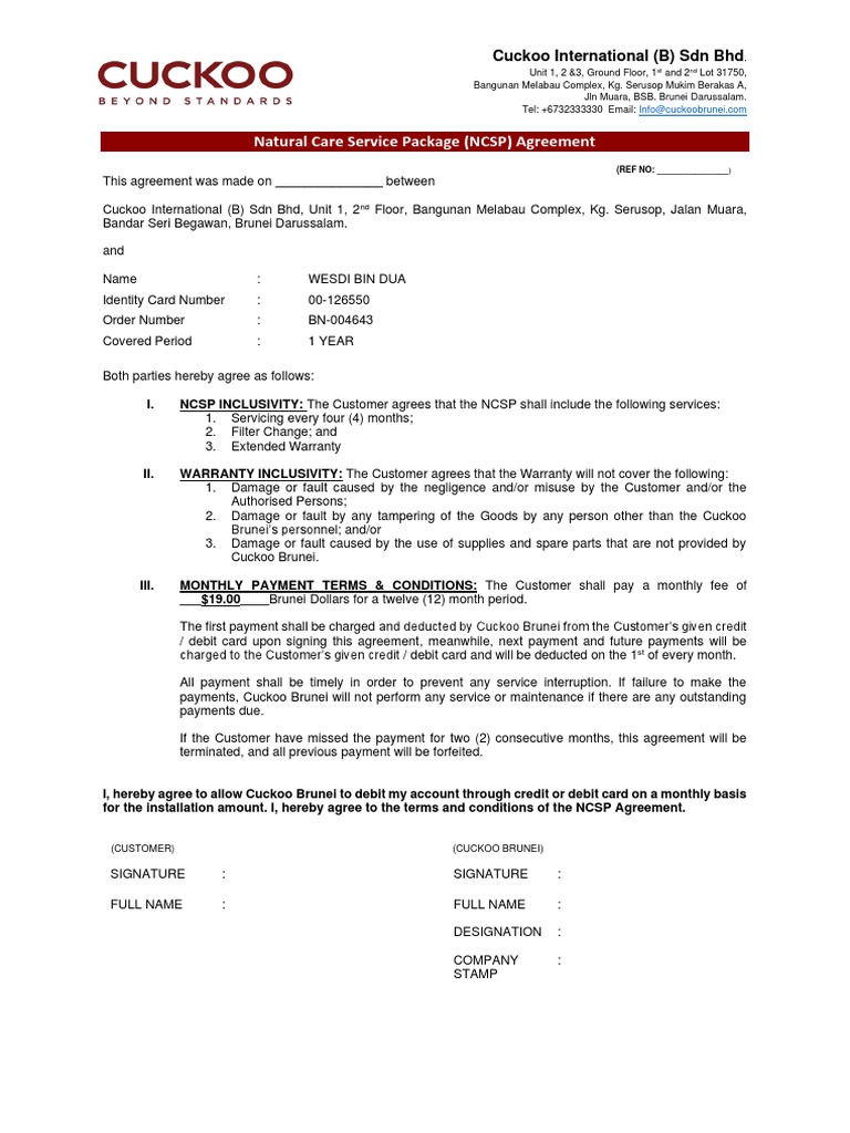 Natural Care Service Package (NCSP) Agreement: Cuckoo International (B ...