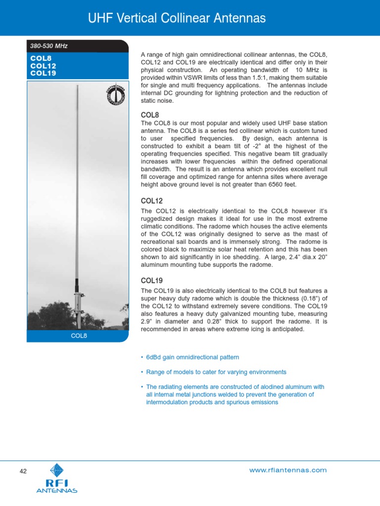 UHF Vertical Collinear AntennasCOL12 | PDF | Antenna (Radio ...