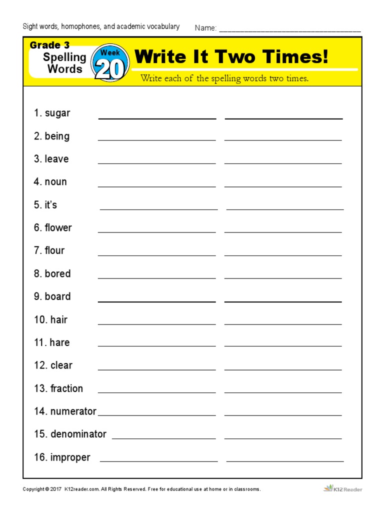 Write It Two Times!: Spelling Words | PDF | Fraction (Mathematics ...