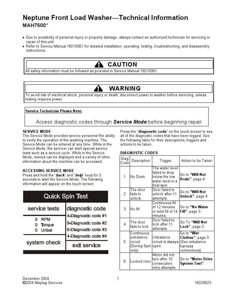 Maytag Neptune MAH7500 Service Menus Diags | PDF | Washing Machine ...