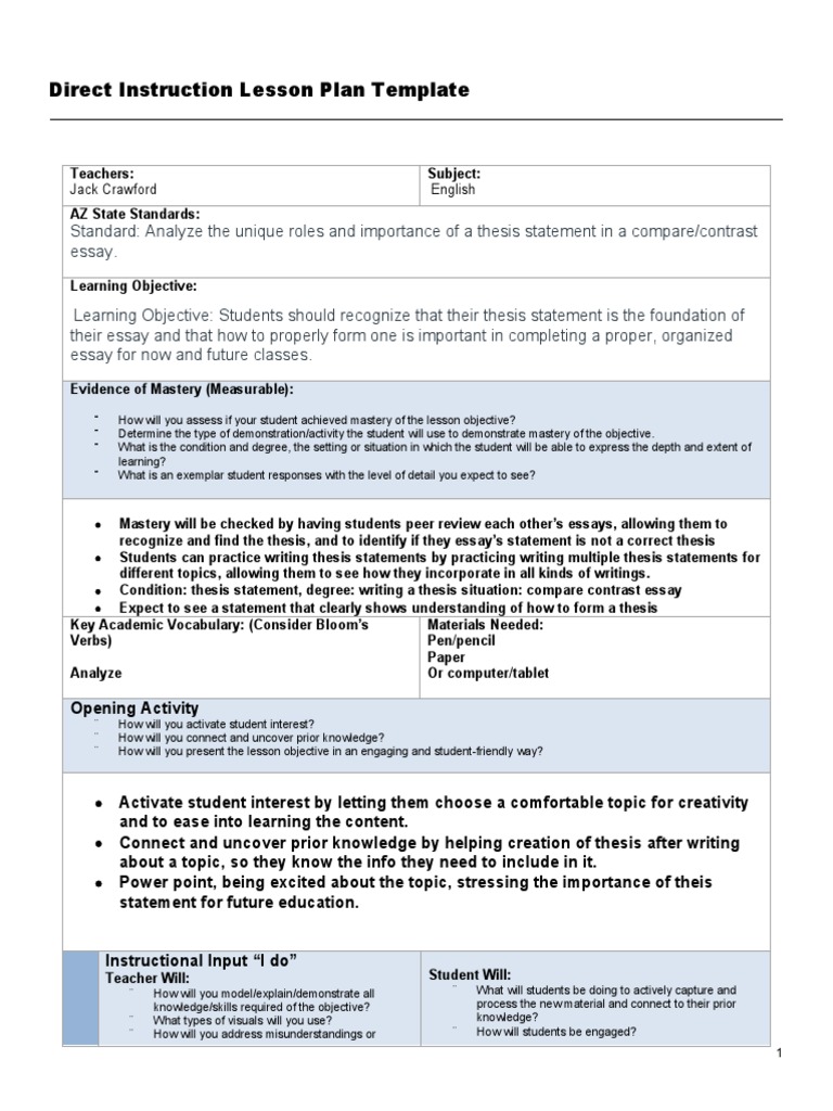 Direct Instruction Lesson Plan Template: Jack Crawford English | PDF ...
