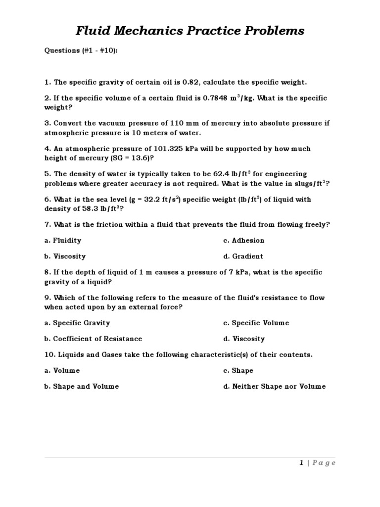 Fluid Mechanics Practice Problems | PDF | Pressure | Density