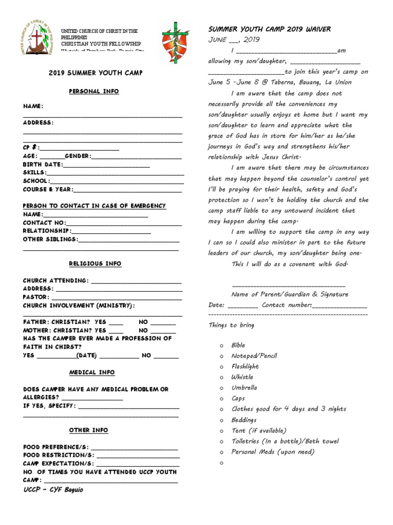 Youth Camp Registration Form | PDF | Christian Belief And Doctrine ...