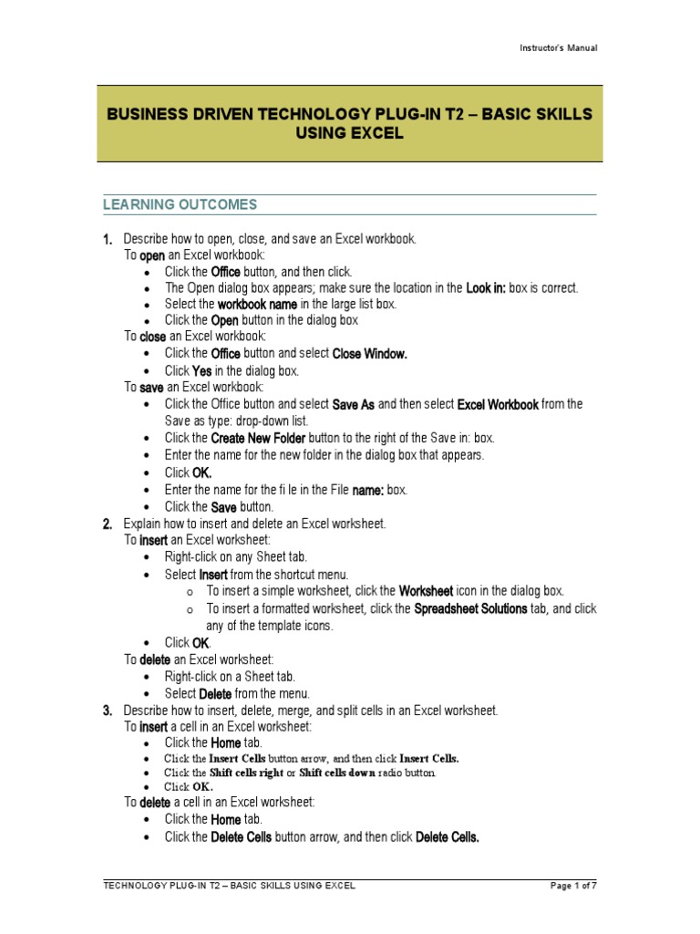 Excel Basic Skills Instructor Manual | PDF | Worksheet | Microsoft Excel