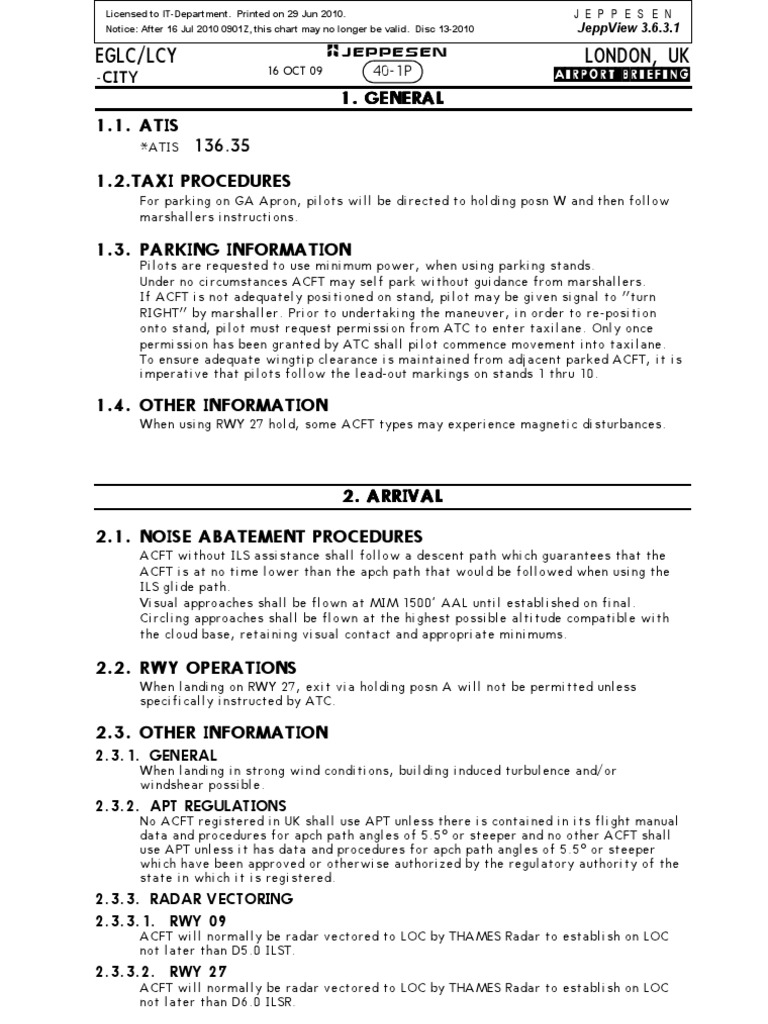 Airport Briefing for London City Airport (EGLC/LCY) Detailing Arrival ...