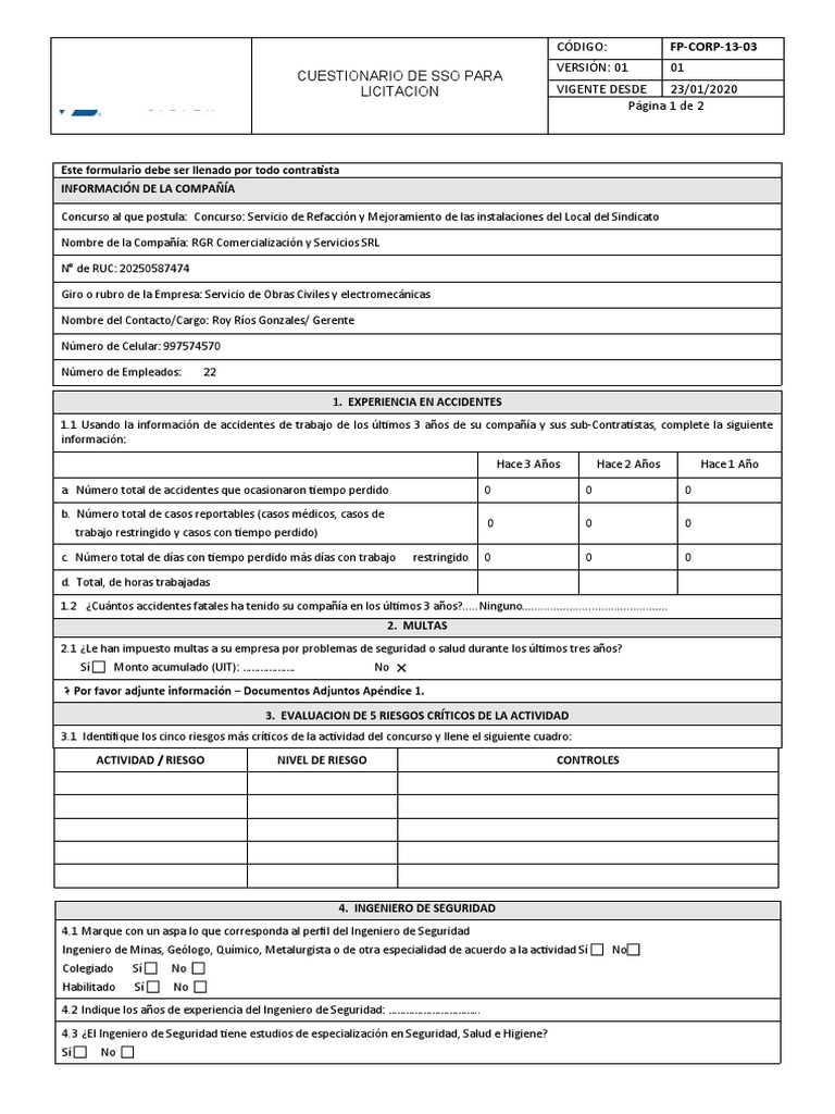 Anexo E - FP-CORP-13-03 Cuestionario de SSO para Licitación RGR | PDF | Business | Médico de ...