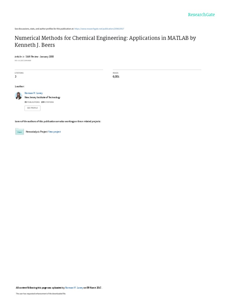 Numerical Methods For Chemical Engineering: Applications in MATLAB by ...