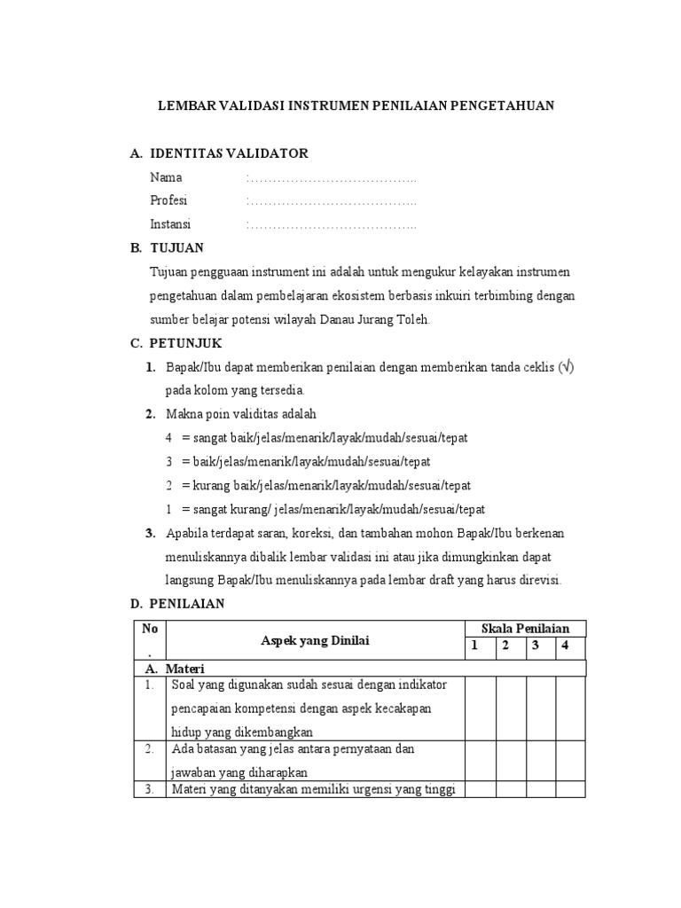 Lembar Validasi Instrumen Penilaian Pengetahuan | PDF | Karier & Perkembangan