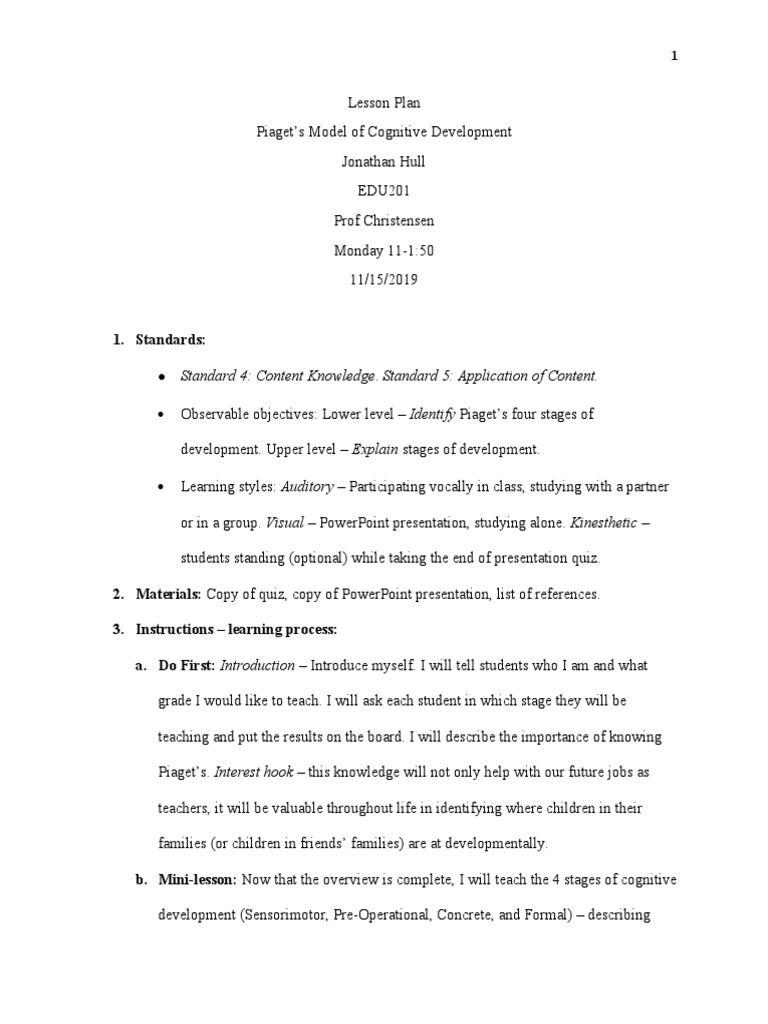 Lesson Plan - Piaget | PDF | Cognitive Development | Lesson Plan