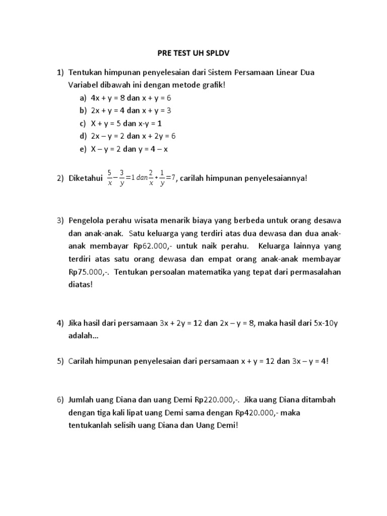 Soal SPLDV Kelas 9 dan Penyelesaiannya | PDF