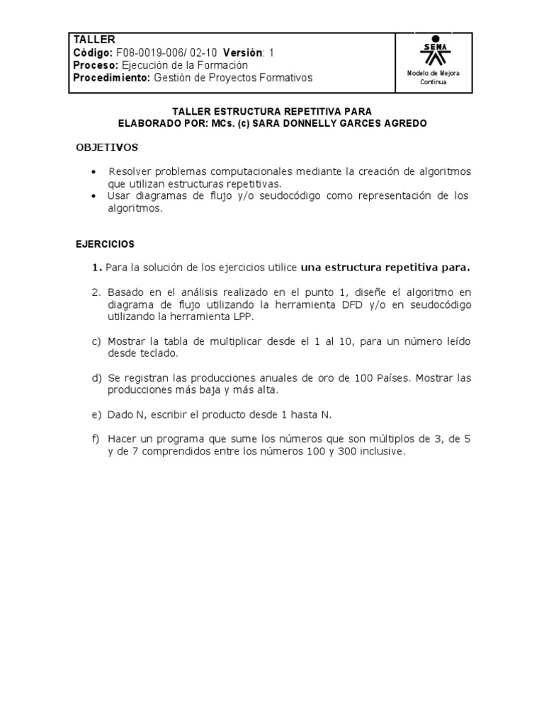 Taller Estructura Repetitiva para | PDF