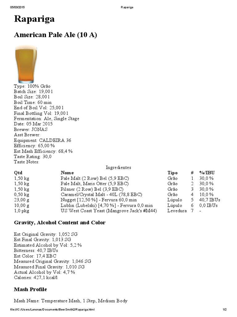 American Pale Ale recipe from 05/03/2015 | PDF | Brewing | Malt Based ...