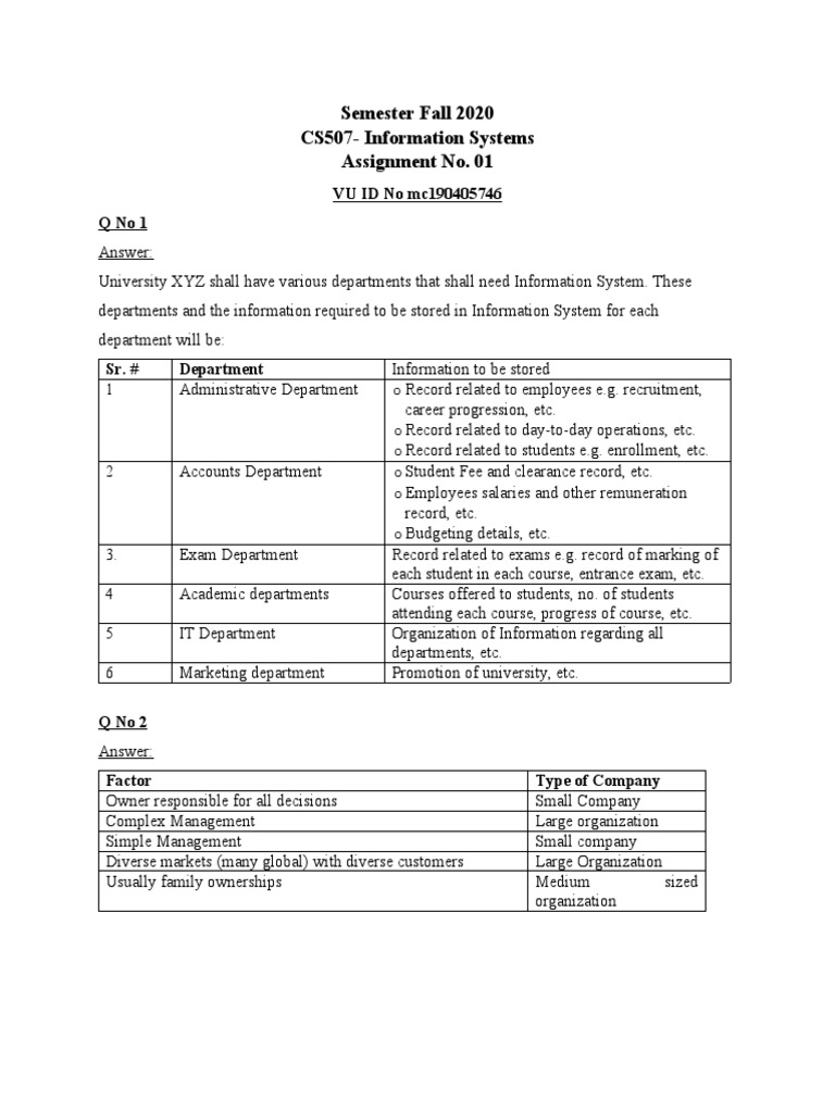 Semester Fall 2020 CS507-Information Systems Assignment No. 01 | PDF