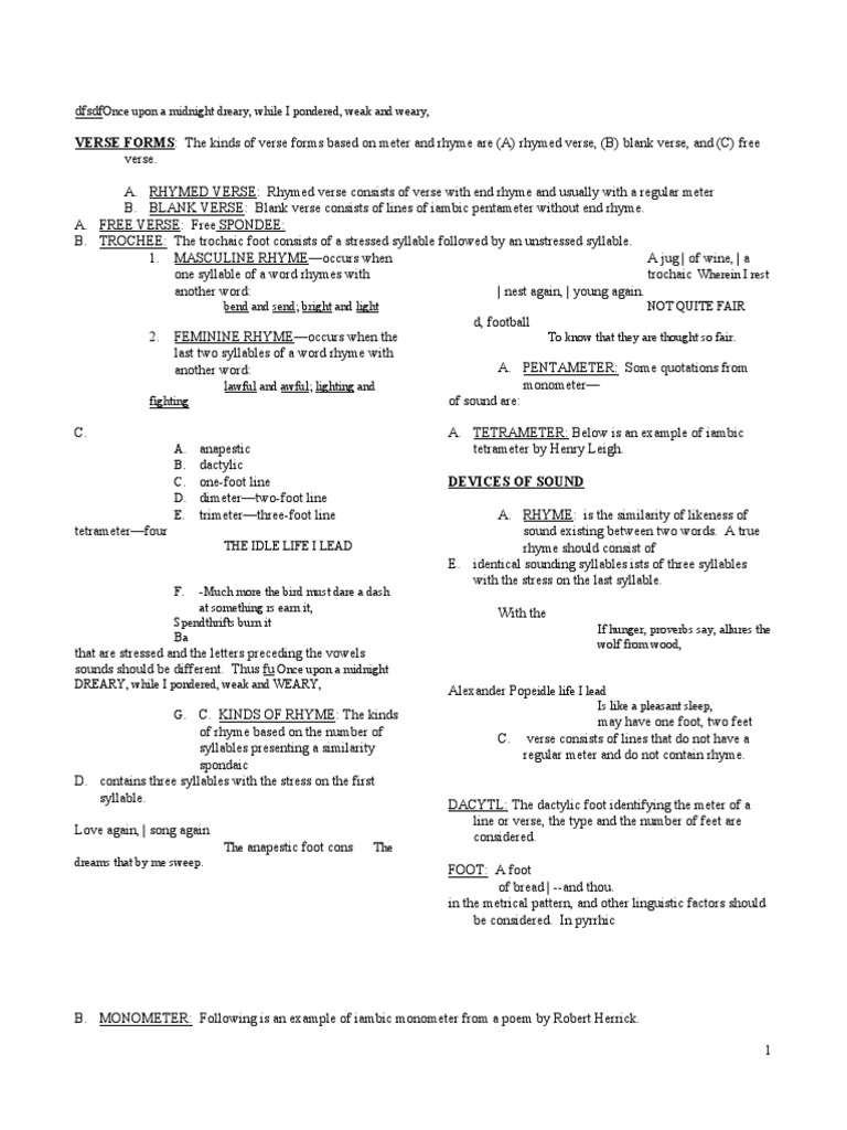 VERSE FORMS: The Kinds of Verse Forms Based On Meter and Rhyme Are (A ...