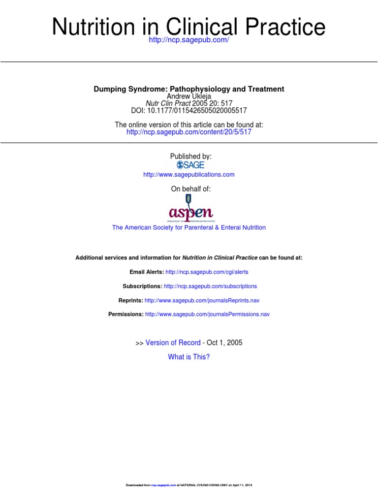 Nutrition in Clinical Practice: Dumping Syndrome: Pathophysiology and ...