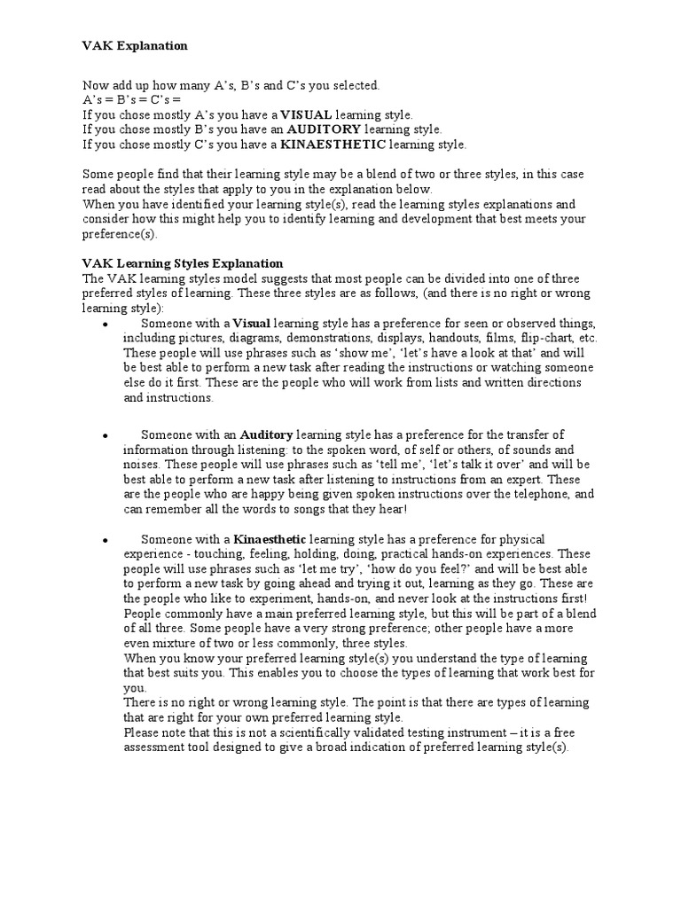 VAK Explanation | PDF | Learning Styles | Learning