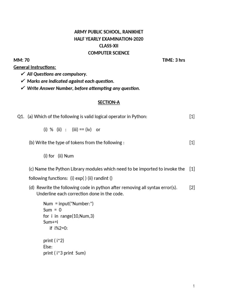 CS Sample Paper Python | PDF | Subroutine | Python (Programming Language)