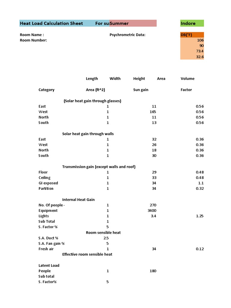 Heat Load Calculation Sheet For Sum Summer Indore | PDF | Heat Transfer ...