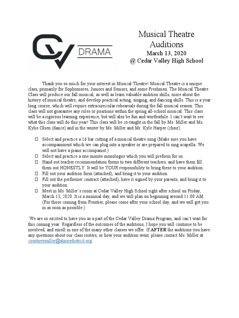 CVHS Musical Theatre Auditions 2020 | PDF | Audition | Teachers