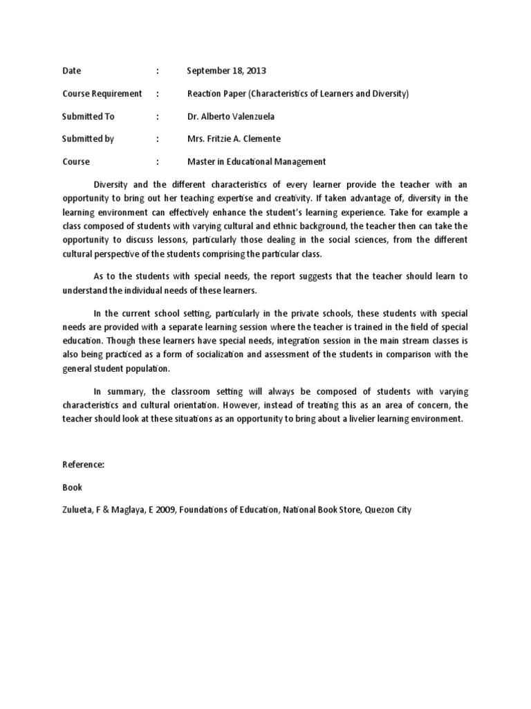 Reaction Paper 13 - Characteristics of Learners and Diversity | PDF ...