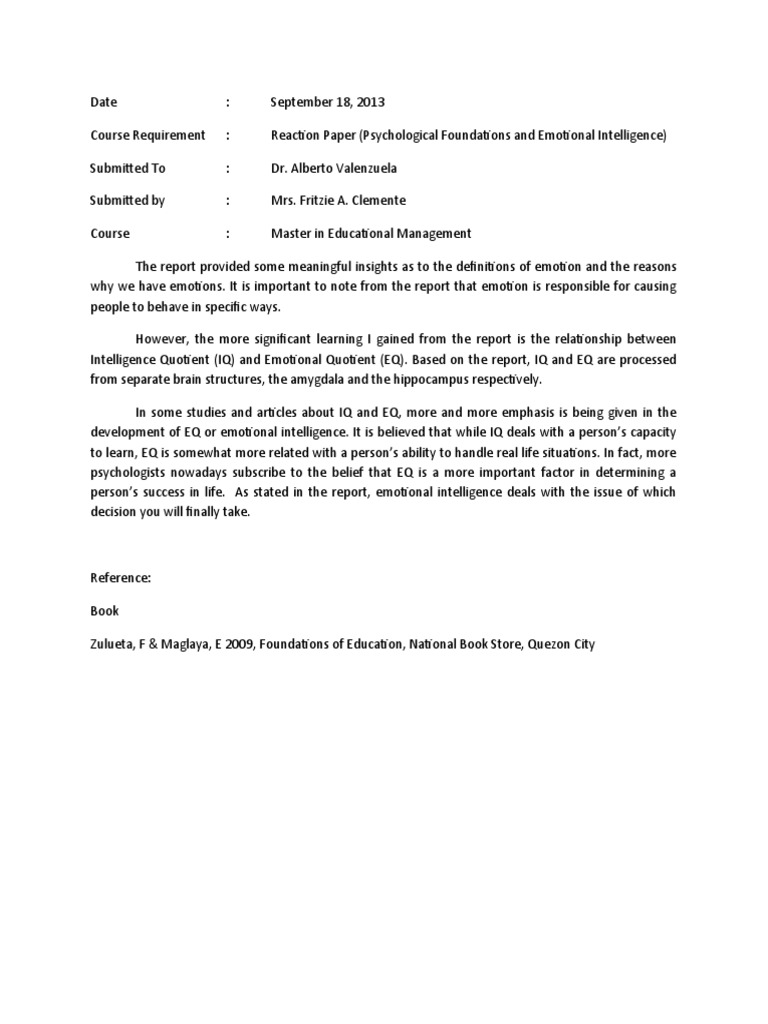 Reaction Paper 14 - Emotional Intelligence | PDF | Self-Improvement ...