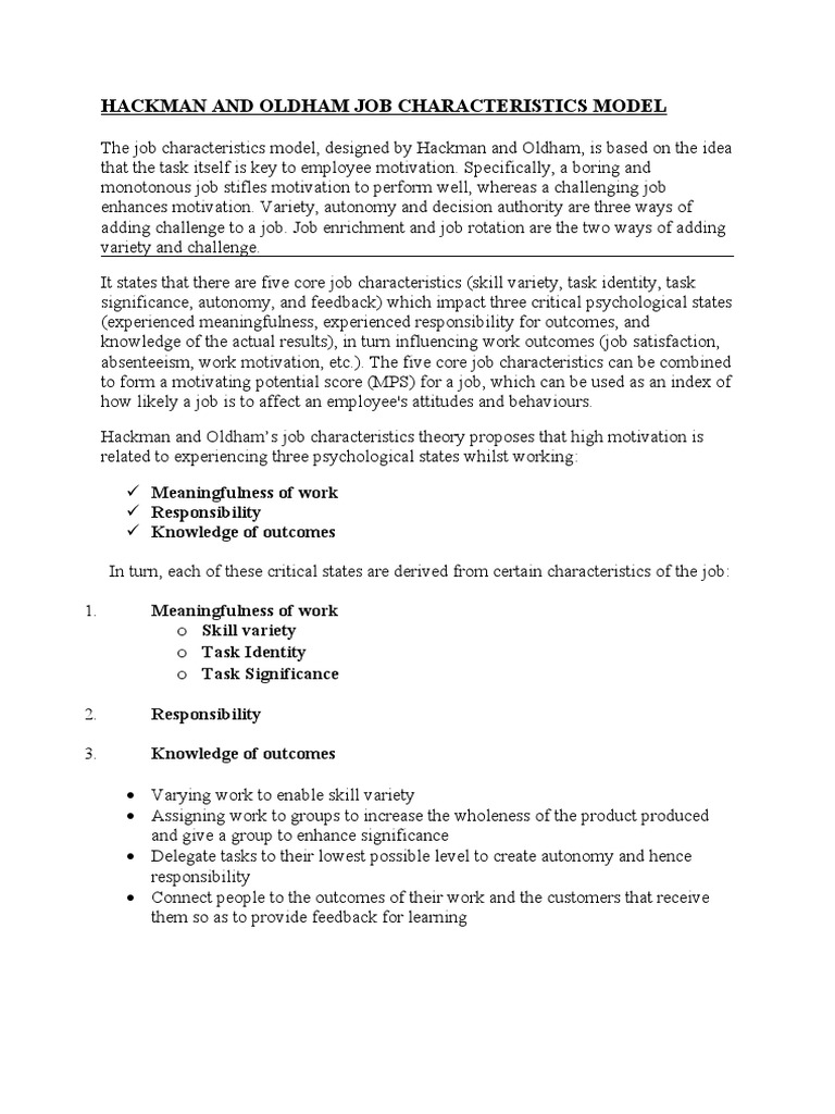Hackman and Oldham Job Characteristics Model: Meaningfulness of Work ...