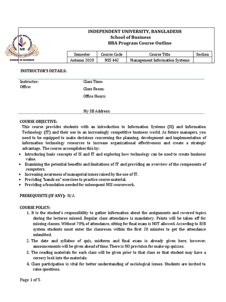 IUB BBA MIS Course Outline | PDF | Management Information System | Test ...