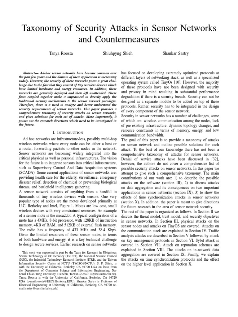 A Comprehensive Taxonomy Of Security Attacks In Sensor Networks And Countermeasures Pdf