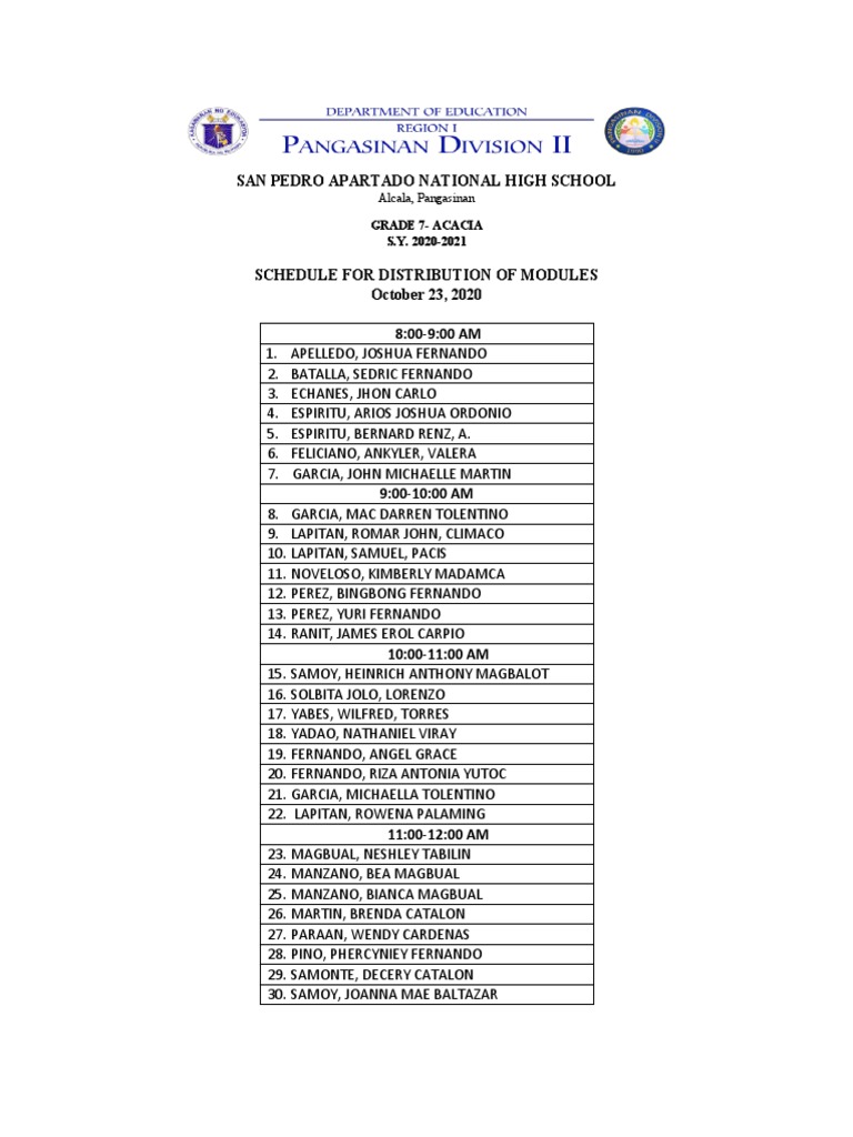 Grade 7 Module Distribution Schedule | PDF