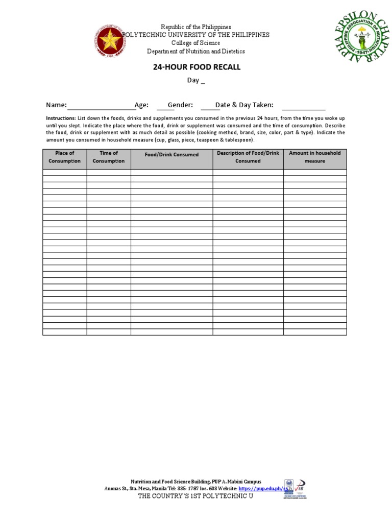 24-Hour Recall Form | PDF | Self-Improvement | Wellness